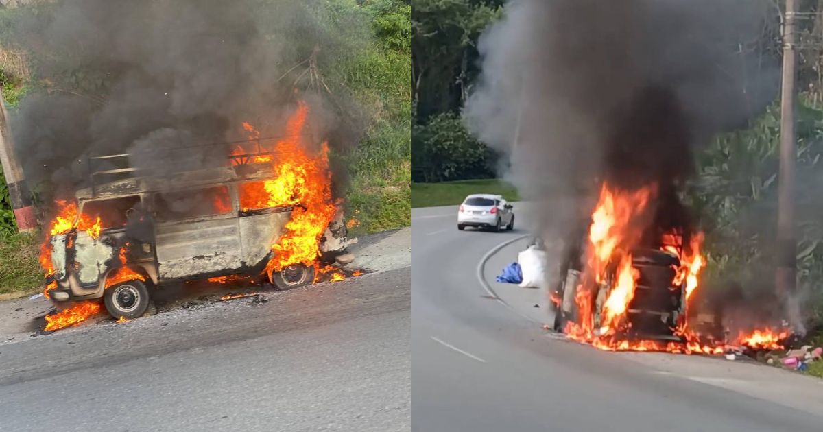 Kombi pega fogo na Vila Itoupava, em Blumenau, e bombeiros são acionados