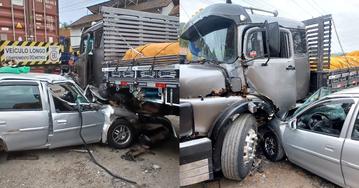 Colisão entre carro e dois caminhões deixa dois feridos na BR-470, em Rodeio